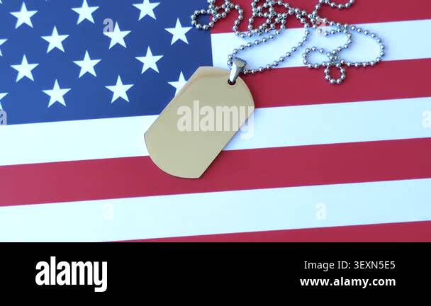 A dog tag on the US flag, serving as a conceptual backdrop representing ...