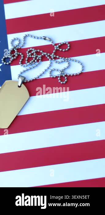A dog tag on the US flag, serving as a conceptual backdrop representing ...