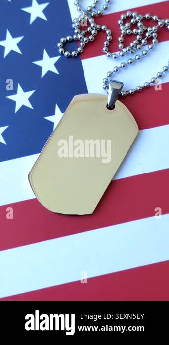 A dog tag on the US flag, serving as a conceptual backdrop representing ...