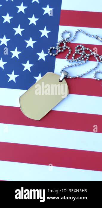 A dog tag on the US flag, serving as a conceptual backdrop representing ...
