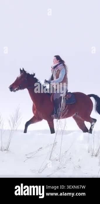 Equestrian sport - rider woman on horse walking in snowy outdoor ...