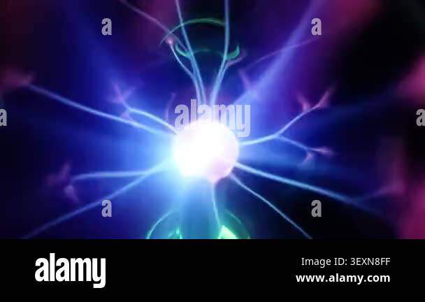 Vibrant close up of a tesla plasma ball glowing with blue and purple ...