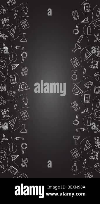 4K animated chalk school doodles border on blackboard vertical ...