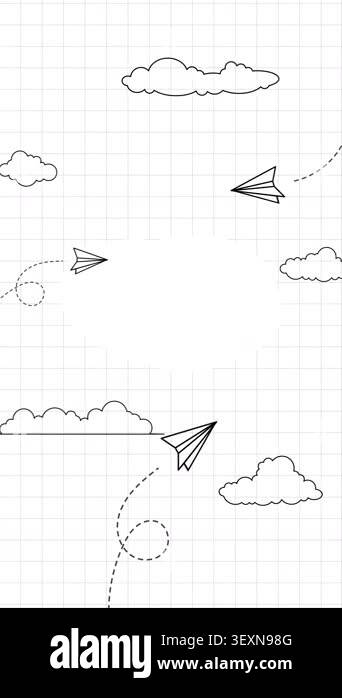 4K animated doodle paper airplanes and clouds on grid vertical ...