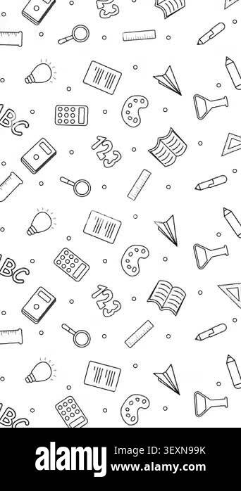4K animated black outline school supplies doodle pattern vertical ...