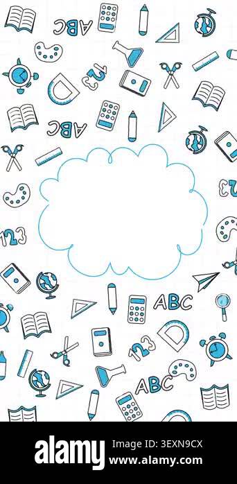 4K animated school supplies doodle pattern and cloud frame vertical ...
