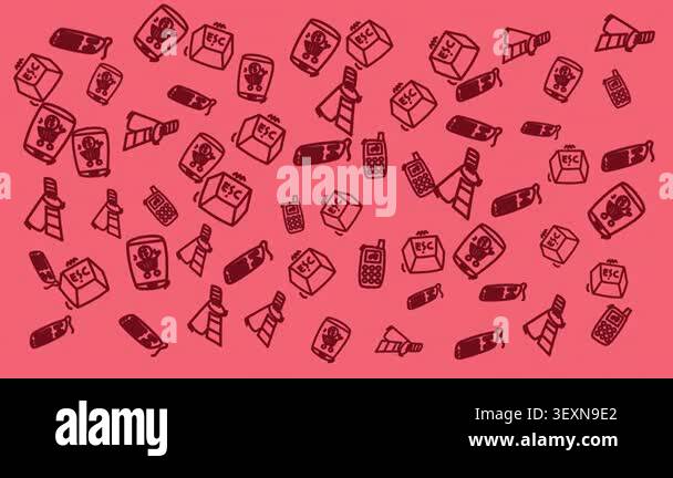 Red hand-drawn phones and boxes scatter across a transparent background ...