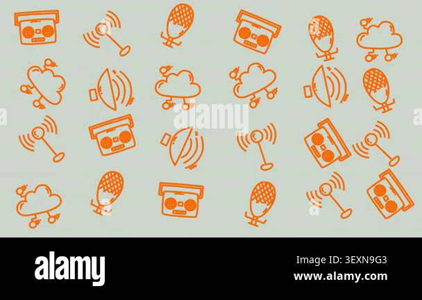 Orange icons float on transparent background. Each symbol represents ...
