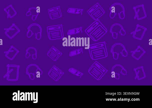 Purple icons float across a deep violet background. Headphones ...