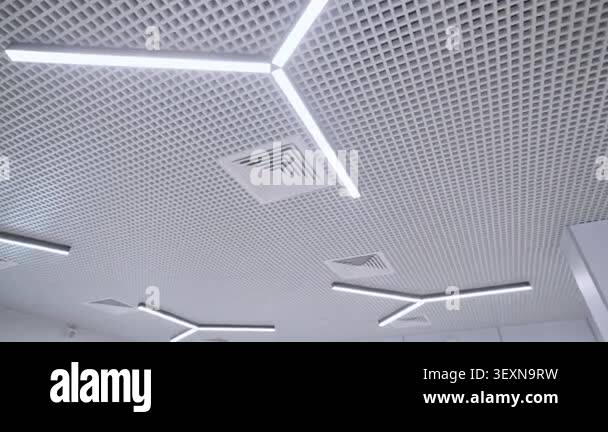 Grid ceiling features integrated linear LED lighting fixtures in ...
