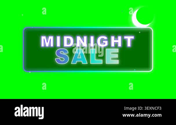 Midnight Sale Neon Glow Banner with Moon Night Discount Green Screen ...