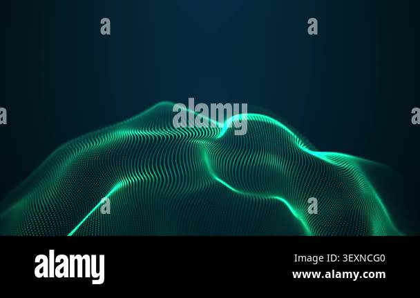 Green digital mesh wave rises across a dark banner with empty space, a ...