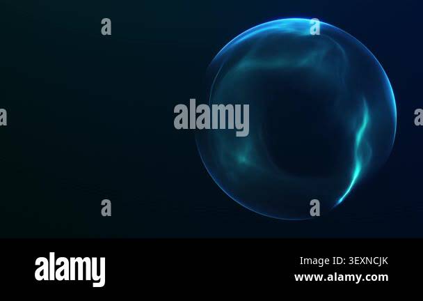 Cyan liquid sphere with a translucent flowing surface glows beside copy ...