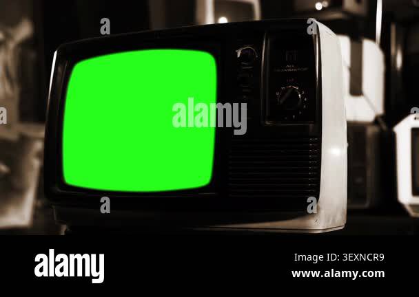 Vintage Retro TV with Green Screen Mockup Display and Sepia Background ...