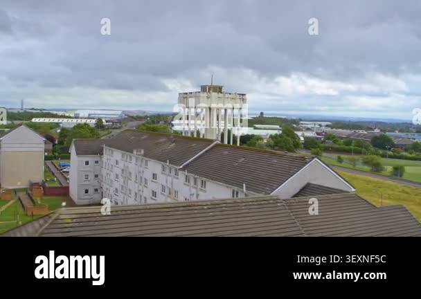 Ascending aerial view revealing the iconic Gartloch water tower ...