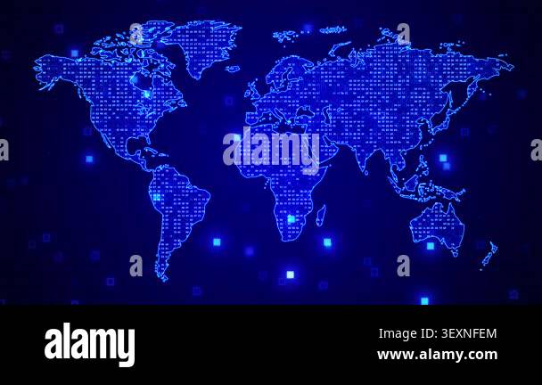 Digital World Map with Glowing Data Points and Pixel Grid, Global Data ...