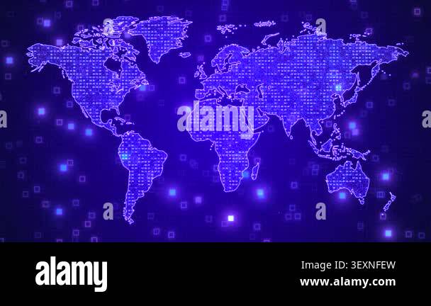 Digital World Map with Glowing Data Points and Pixel Grid, Global Data ...