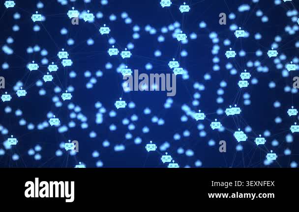 AI Chatbot Network Background with Glowing Blue Robot Avatars and ...