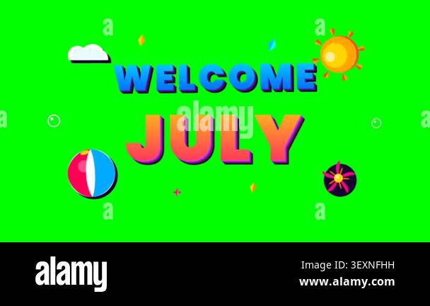 Colorful illustration welcoming July with summer icons on a green ...