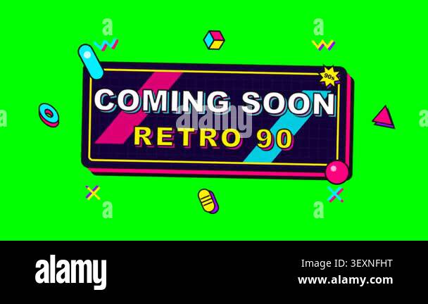 Retro styled coming soon sign with neon colors and shapes on green ...