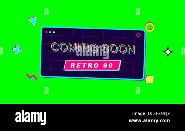 Retro-style coming soon graphic on bright green background with neon ...