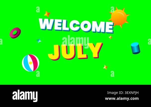 Colorful illustration welcoming July with summer elements on green ...