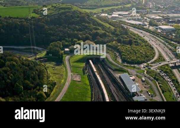 Aerial view of the Folkestone terminal of the Channel Tunnel with ...