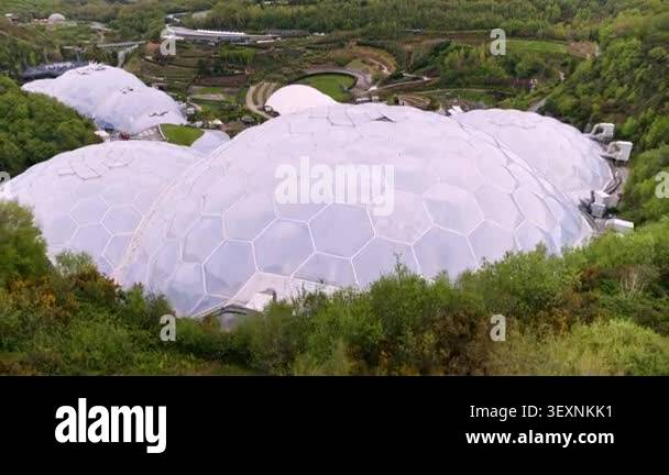 High angle view of the Eden Project's famous biodomes nestled in a lush ...