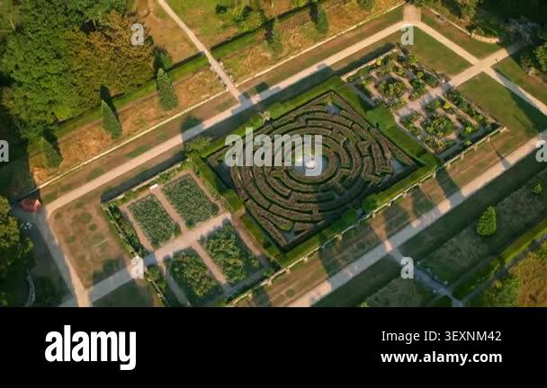 Majestic circular maze garden in a formal park, seen from an aerial ...
