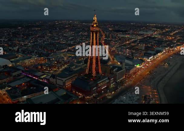 Aerial view of the illuminated Blackpool Tower at night showing the ...