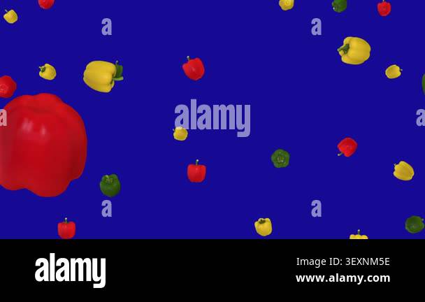 Many Random color of Paprika falling down on blue screen background ...
