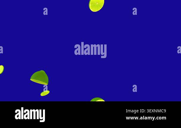 Green limes falling down from the top on blue screen background Stock ...