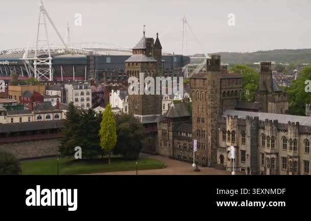 Detailed aerial view of the historic Cardiff Castle Clock Tower and the ...