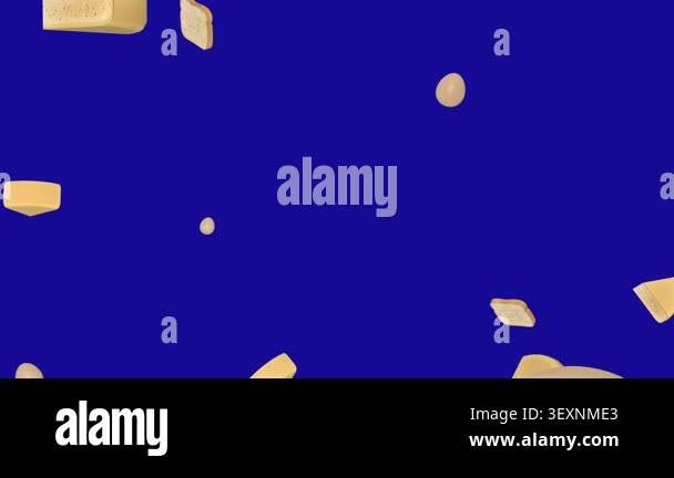 Mixing of Bread,Egg and Cheese falling down on blue screen background ...