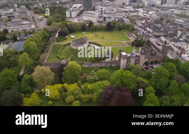 Aerial view of the historic Cardiff Castle and its grounds, surrounded ...