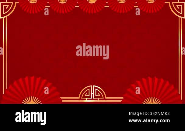Chinese style red color background with fan and gold frame background ...