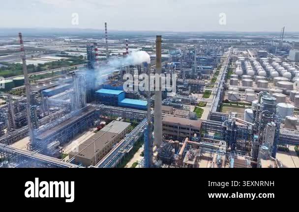 Aerial View of a Large Petrochemical Plant Complex with Distillation ...