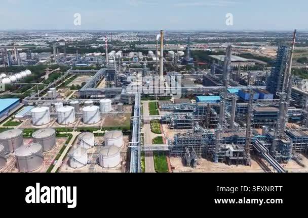 Aerial View of a Large Petrochemical Plant Complex with Distillation ...