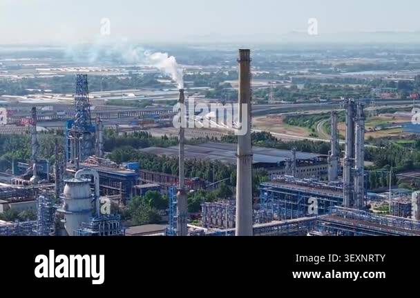 Aerial View of a Large Petrochemical Plant Complex with Distillation ...