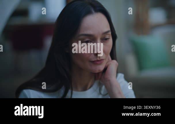 Unhappy lady looking reflection mirror thinking problem alone at ...