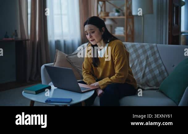 Frustrated lady complaining at online meeting having tense discussion ...