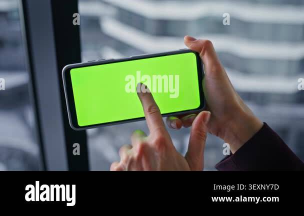 Finger tapping horizontal mockup cellphone turning on video call ...