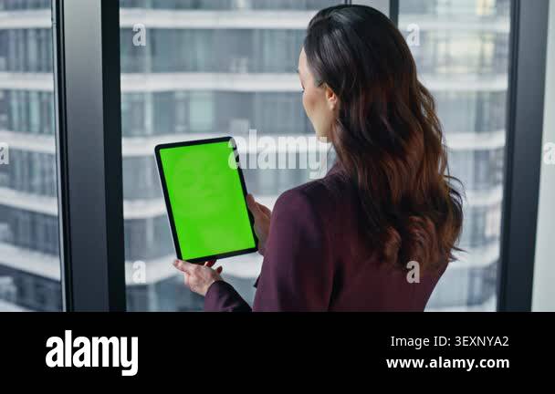 Lawyer watching green screen tablet at home office closeup. Elegant ...