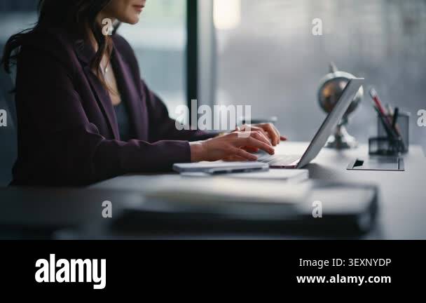 Businesswoman hands texting email sitting at panoramic office with ...