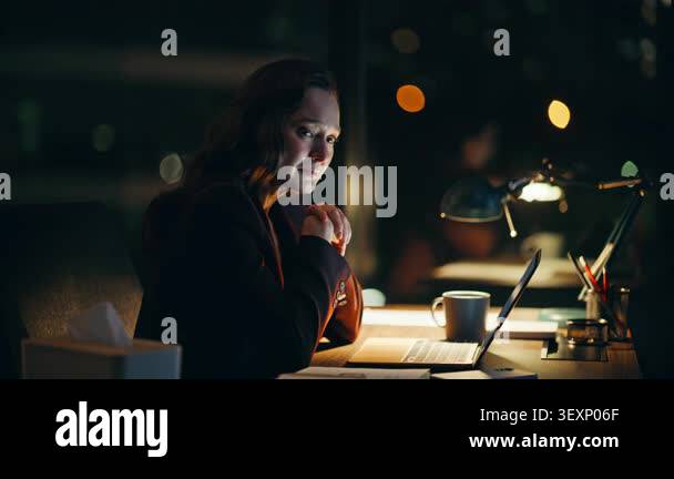 Night worker crying alone at panoramic cityscape cabinet closeup ...