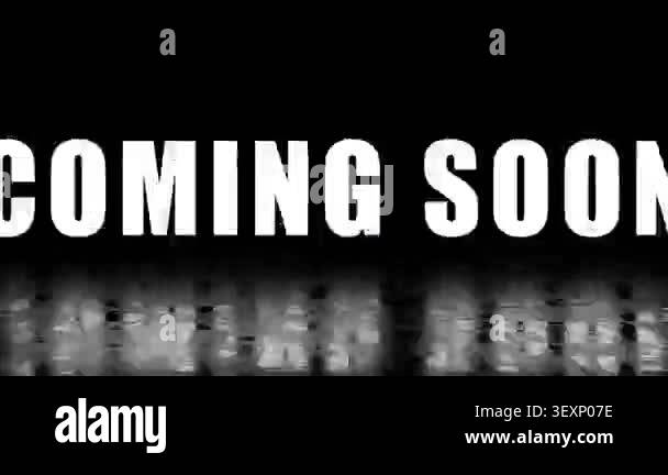 Coming soon text with digital glitch effect and retro VHS distortion ...