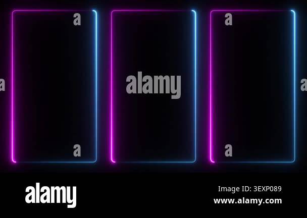 Glowing neon frames with blue and pink light on black background for ...