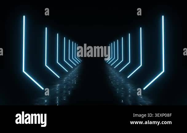Futuristic blue neon light tunnel animation with reflective floor ...