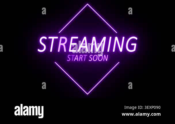 Neon streaming start soon text animation with glowing purple diamond ...