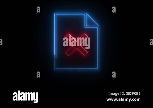 Glowing neon blue document icon with red x error symbol on black ...